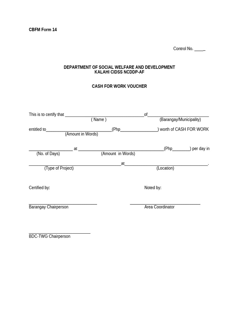 CBFM Form 14 - VOUCHER FOR CASH FOR WORK | PDF