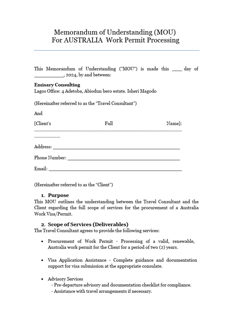 Australia Work Permit MOU Agreement | PDF | Travel Visa | Mediation