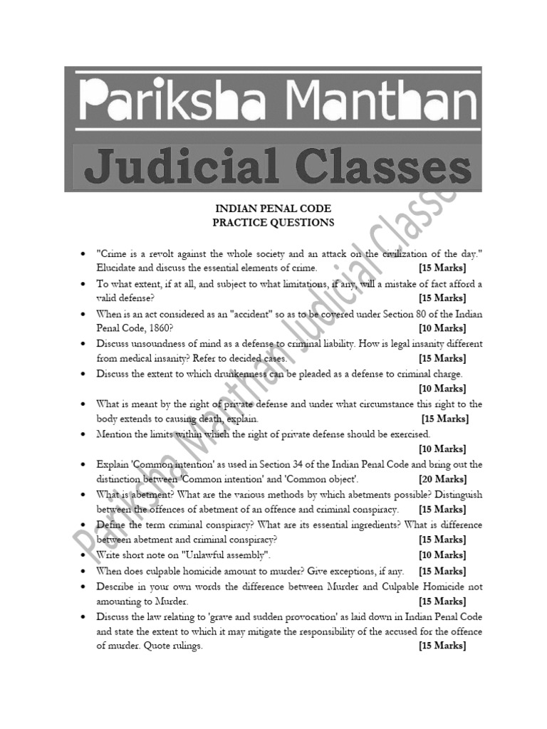 Indian Penal Code Practice Questions: For Internal Circulation Only ...