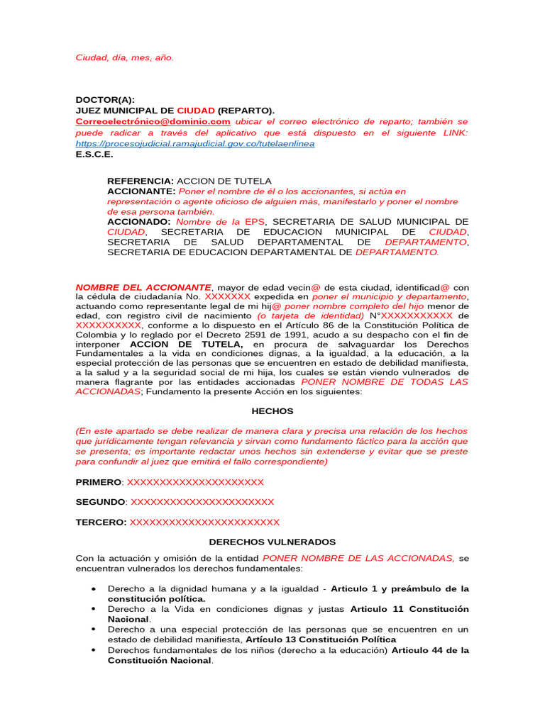 Formato de Tutela para Solicitar Tutor Sombra en Caso de Menor de Edad ...
