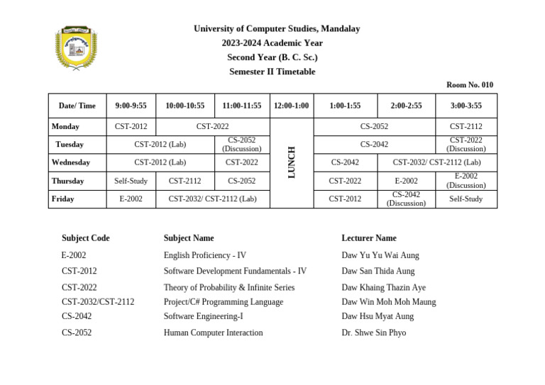2CS 2023-2024 Sem-II Timetable Update (25.12.2023) | PDF | Computer Science | Computing