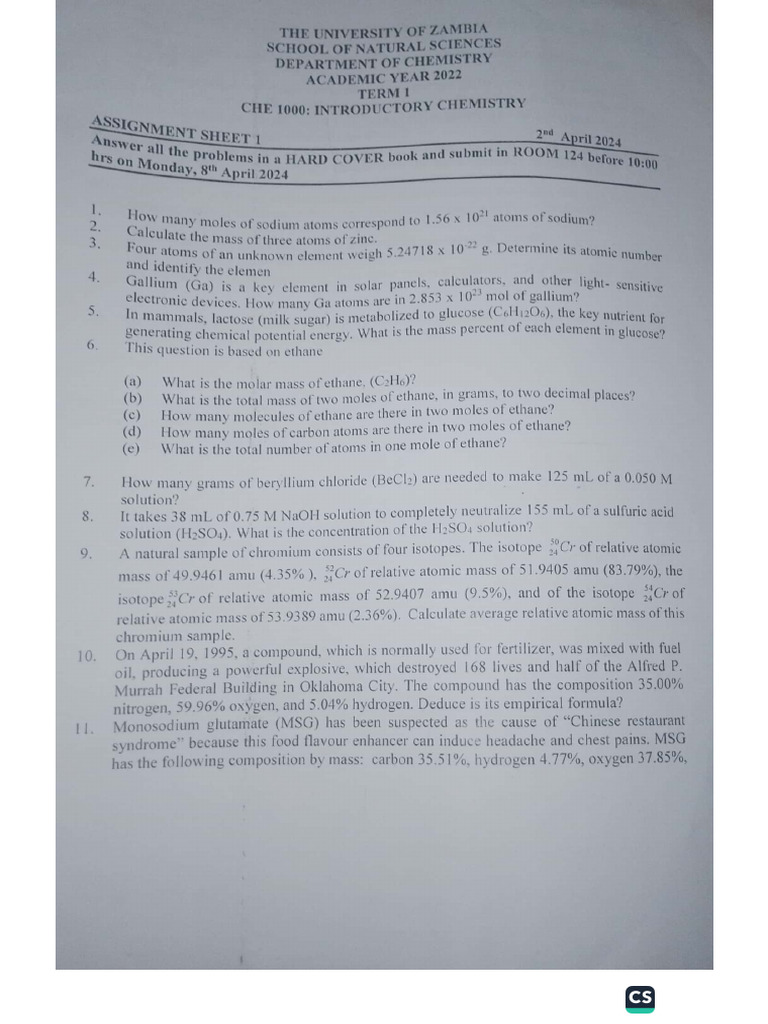 Chem 1000 Tutorial Sheet 1 2024 | PDF