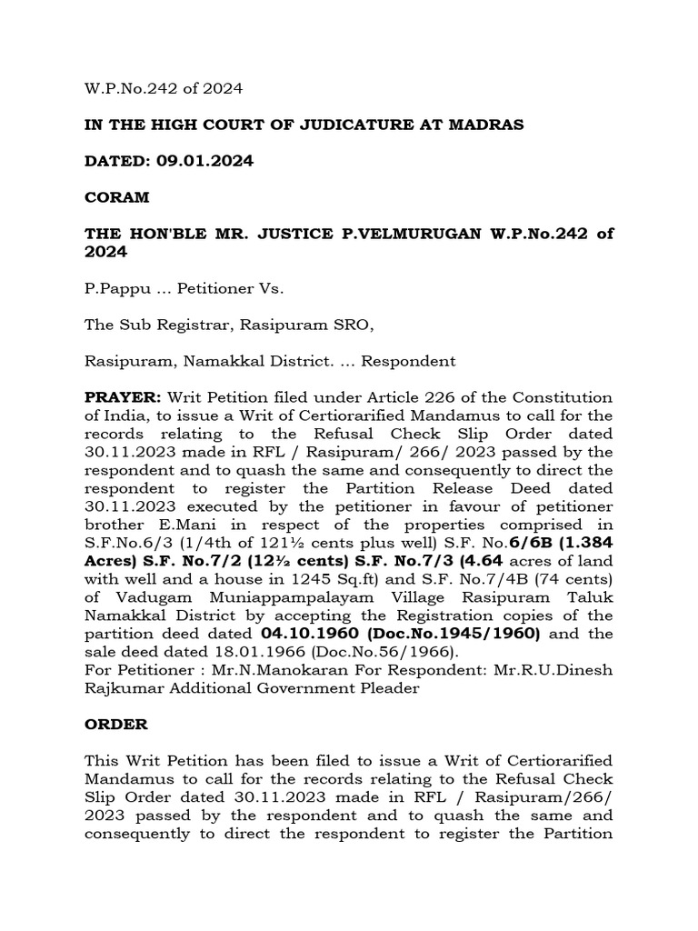 W.P.no.242 of 2024-Writ of Certiorarified Mandamus Refusal Check Slip Order | PDF | Separation ...