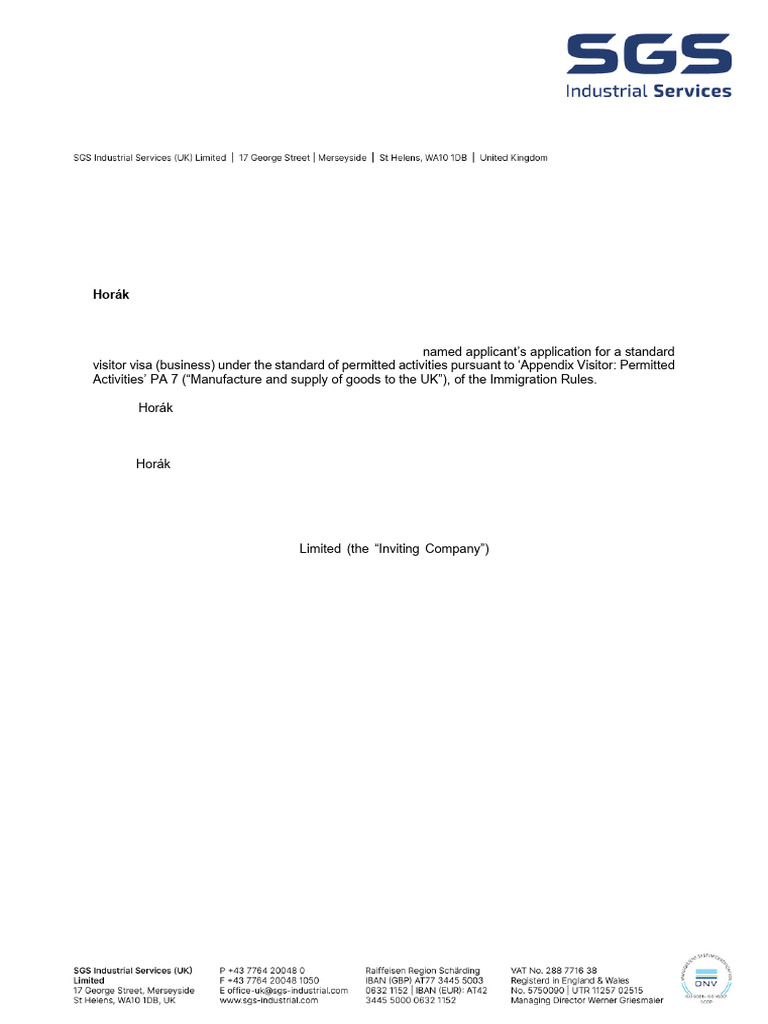 Business Visa Request for Jan Horák | PDF
