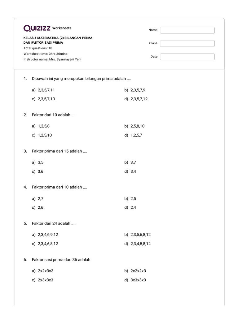 Worksheet Bilangan Prima Kelas 4 | PDF