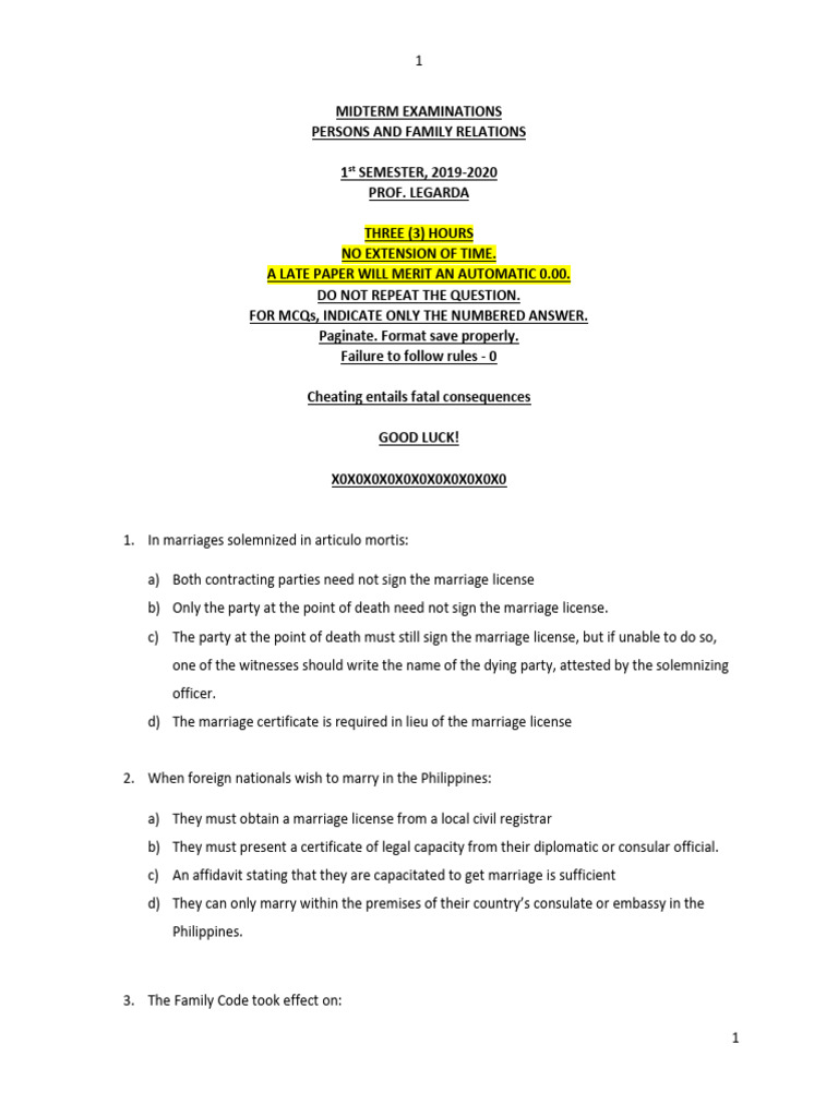 DLSU PFR Midterm Exams 2020-2021 | PDF | Annulment | Marriage