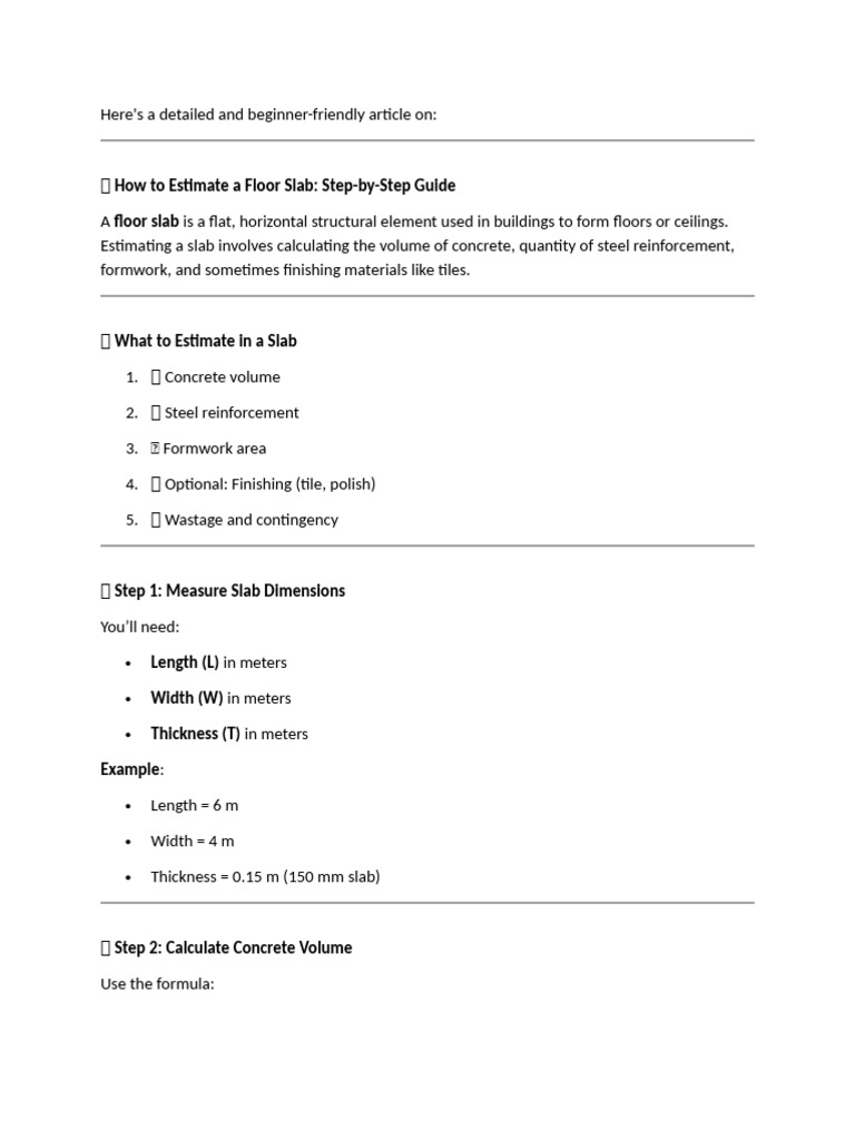 How To Estimate A Floor Slab Step by Step Guide | PDF