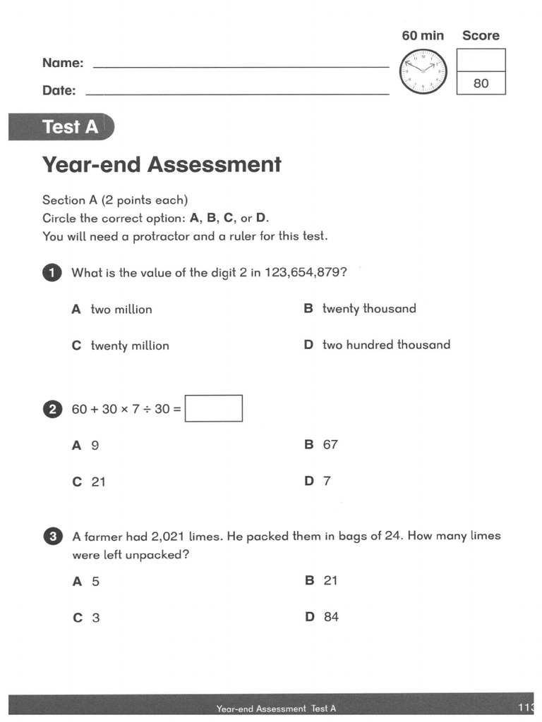 Math Test Year End Assessment Test A | PDF