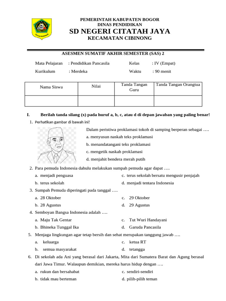Soal SAS Genap Pend Pancasila Kelas 4 | PDF