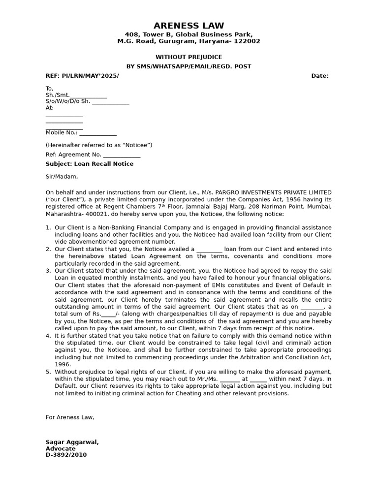 Loan Recall Notice Instructions | PDF | Common Law | Business Law