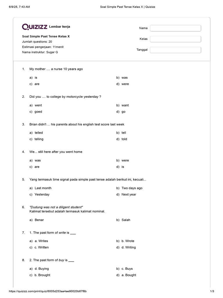 Soal Simple Past Tense Kelas X _ Quizizz | PDF