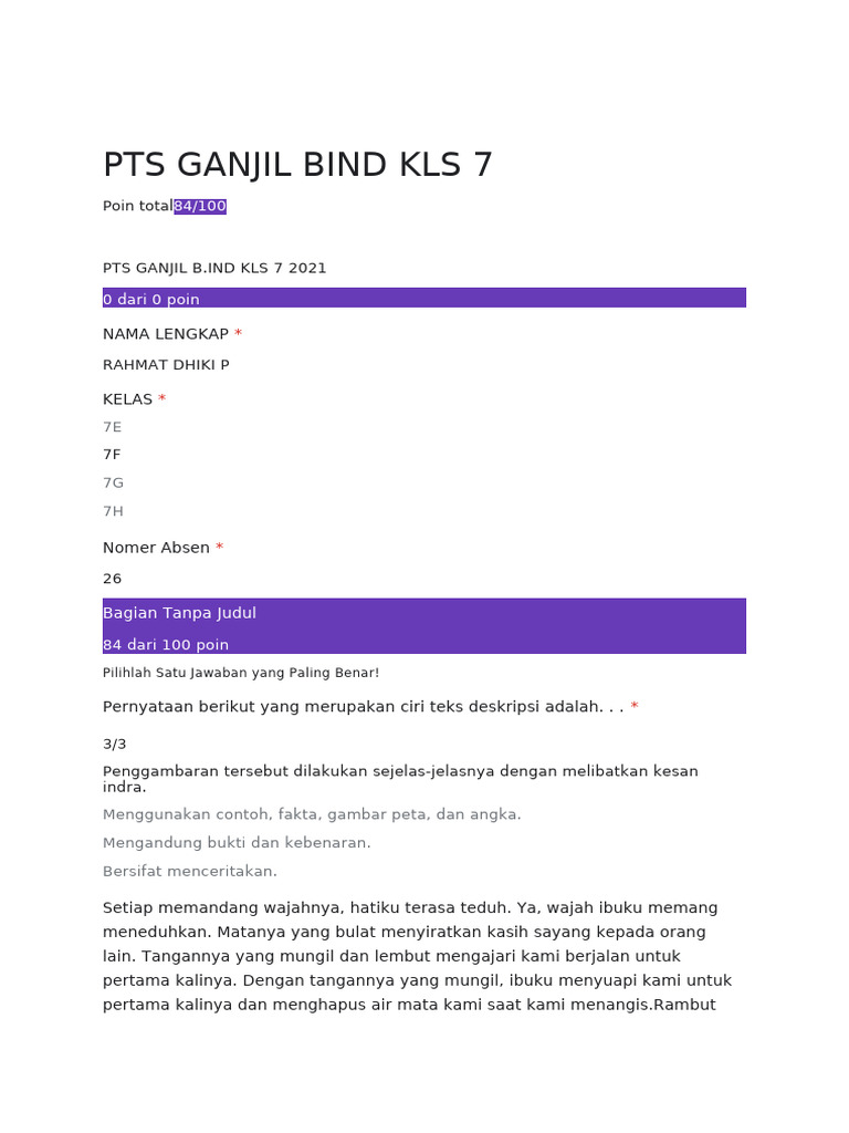 Pts Kelas 7 Bindo. Smtr 1 | PDF