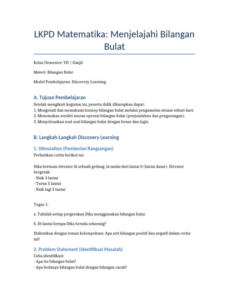 LKPD Discovery Learning Bilangan Bulat | PDF