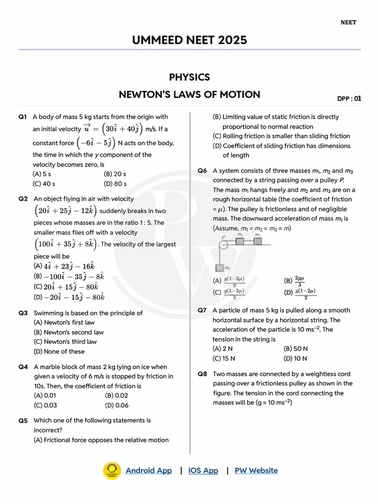 Newton's Laws of Motion - DPP 01 - Ummeed NEET 2025 | PDF | Friction | Force