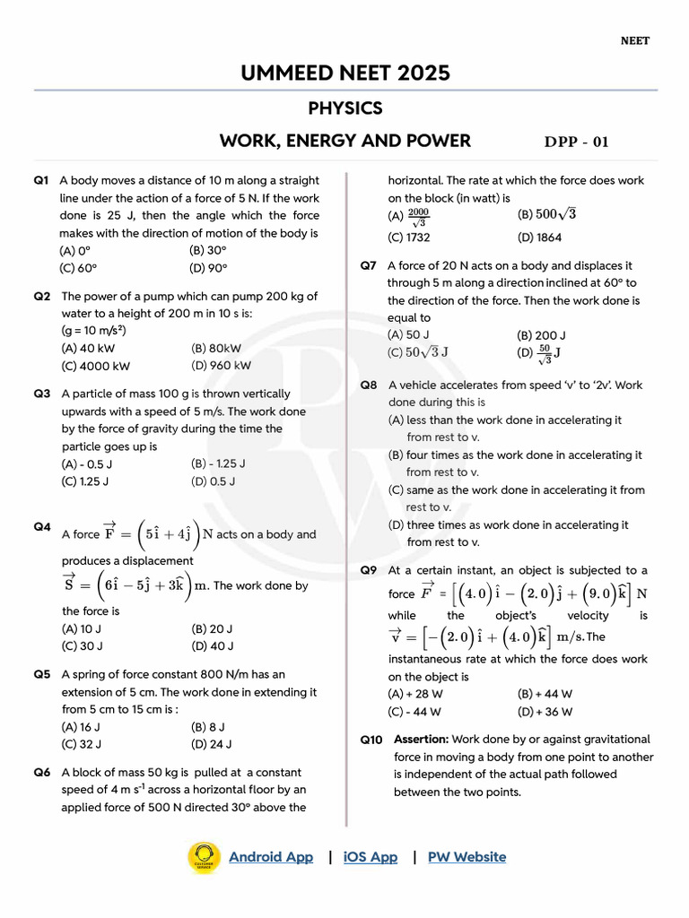 Work, Energy and Power, Vertical Circular and Circular dynamics _ DPP 01 __ NEET 2026 | PDF ...