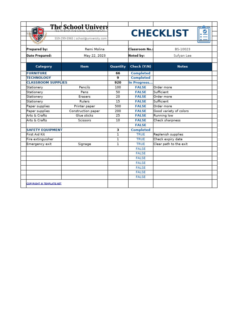 Classroom Inventory Checklist Template | PDF | Office Work | Equipment