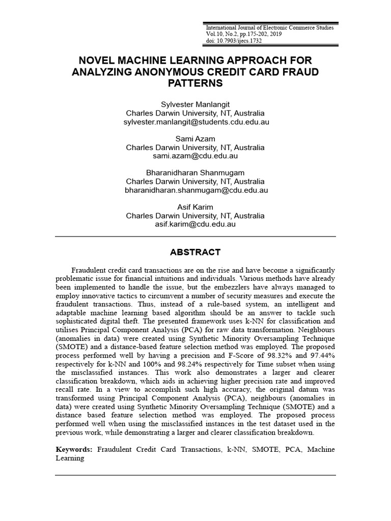 Novel Machine Learning Approachfor Analyzing Anonymous Credit Card Fraud Patterns | PDF | Cross ...