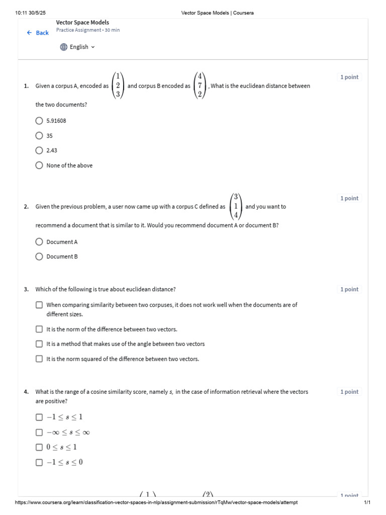 Vector Space Models - Coursera | PDF | Euclidean Vector | Norm (Mathematics)
