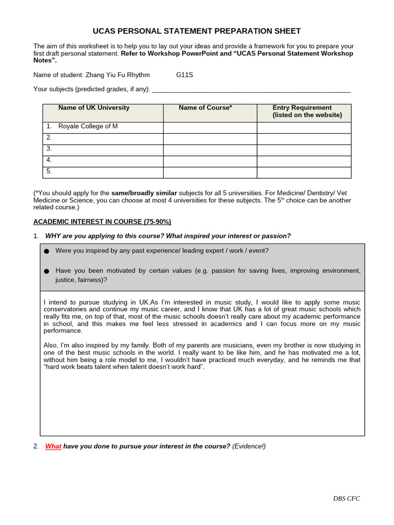 UCAS Personal Statement Worksheet 22-23 | PDF | Orchestras