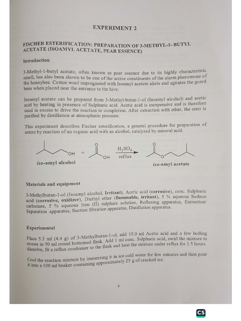 2023 Che 2105 Experiment - 7 - Fisher Esterification - Preparation of 3 - Methyl - 1-Butyl ...