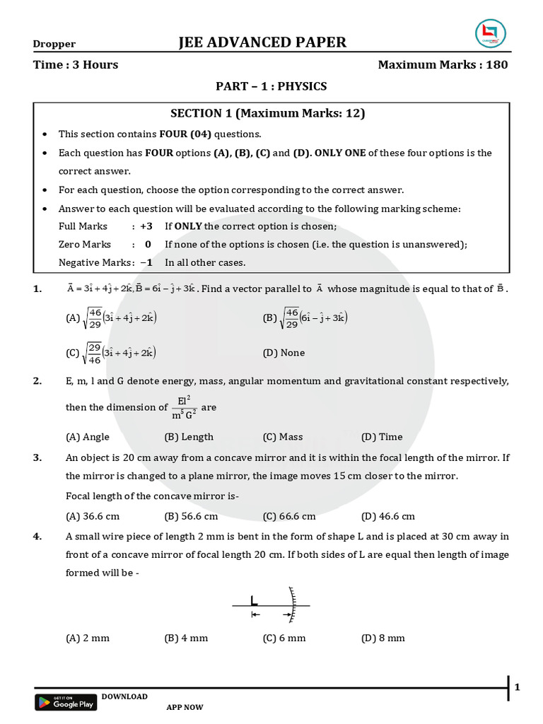 Jee Advanced Test 1 Paper 1 25 May 2025 Pdf