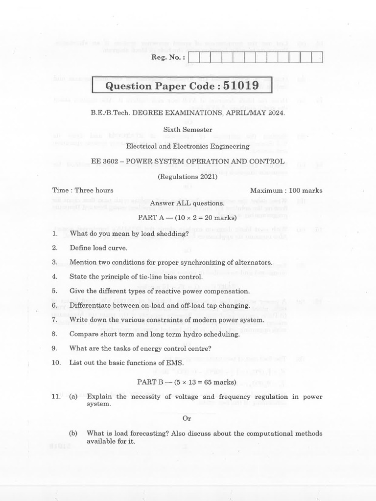 Power System Operation and Control - EE3602 2021 Regulation - Semester ...