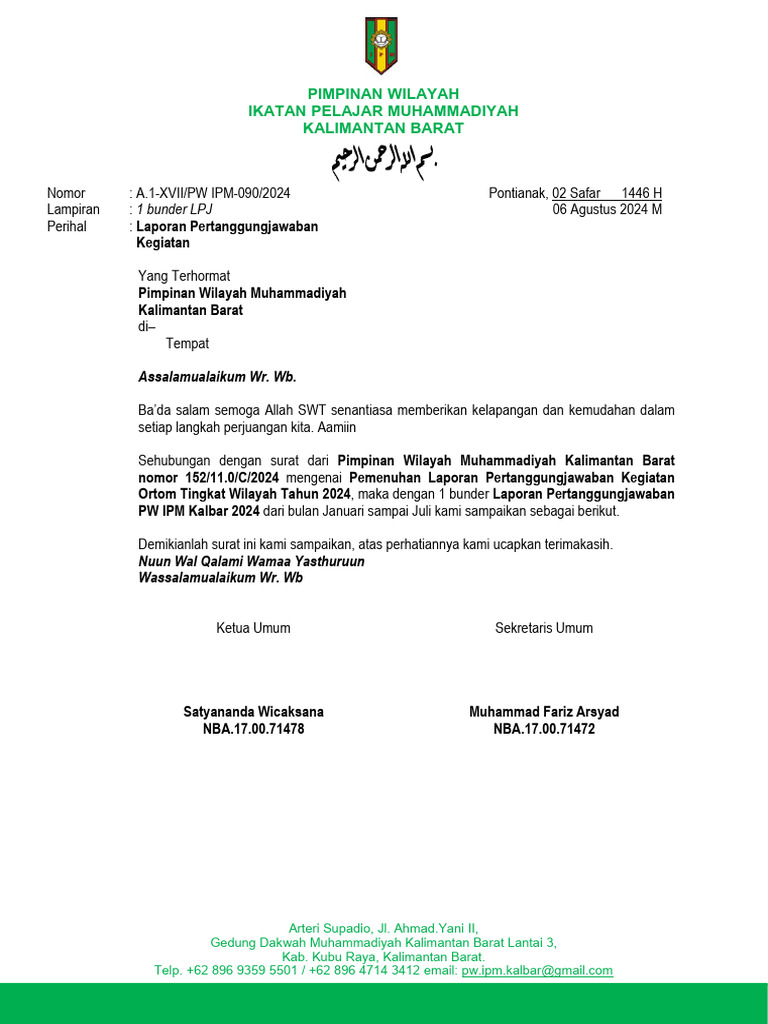 Laporan Pertanggungjawaban PW IPM Kalbar 2024 | PDF
