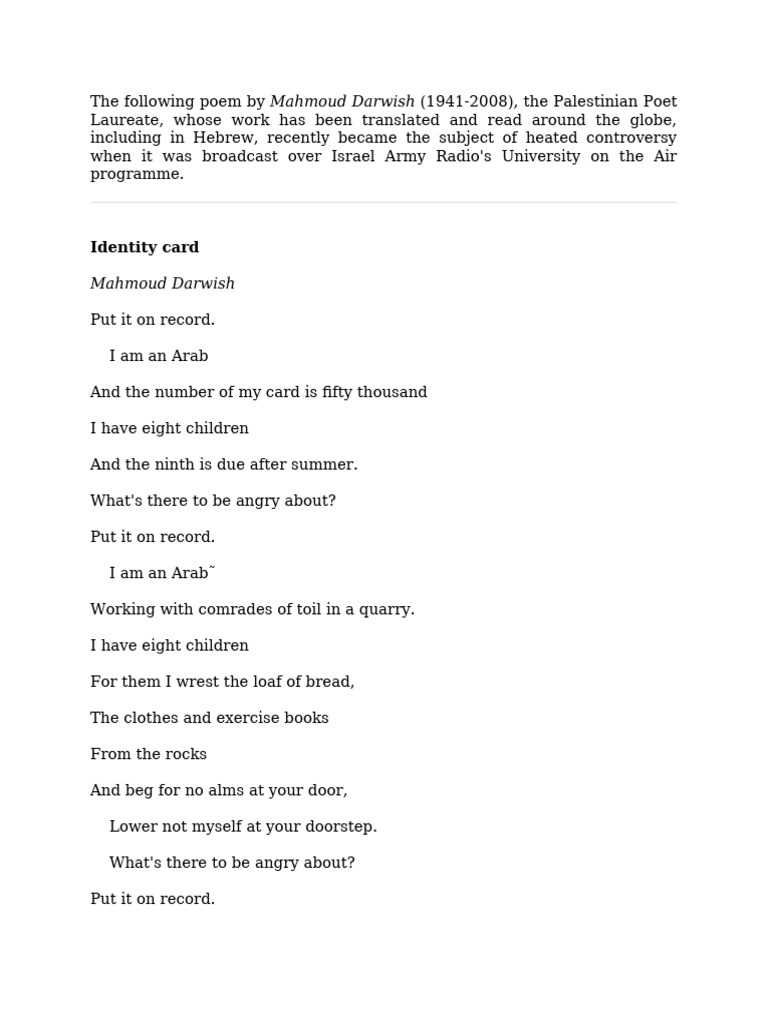 Mahmoud Darwish Identity Card | PDF | Middle East | Palestinians
