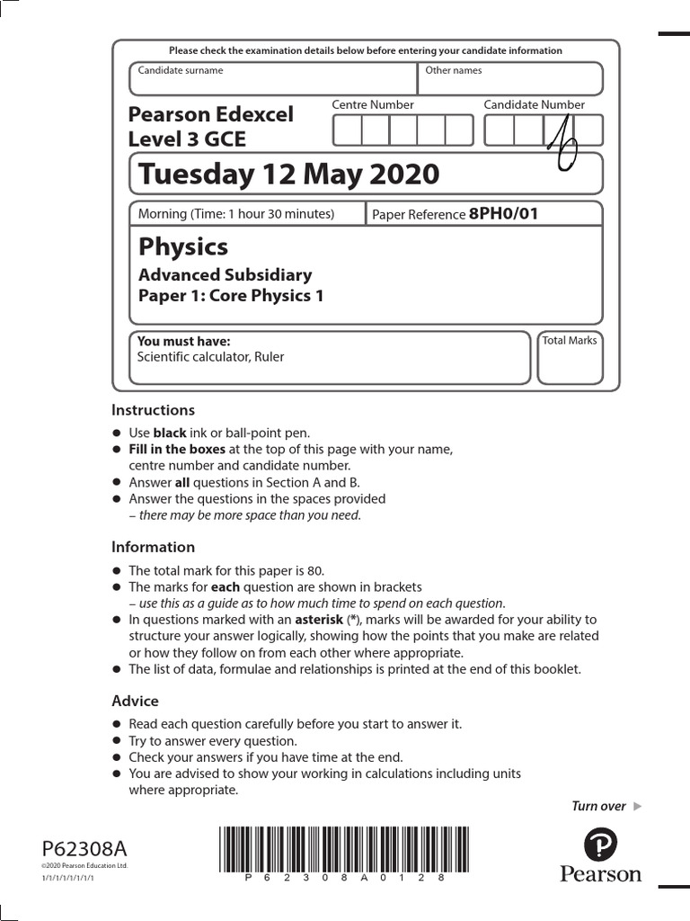June 2020 QP - Paper 1 Edexcel Physics As-Level | PDF | Physical Quantities | Physics