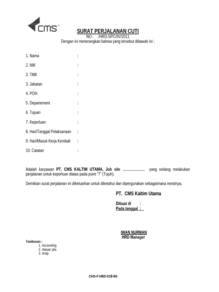 AMNK-F-HRD-018-R0 Form Surat Jalan Cuti | PDF