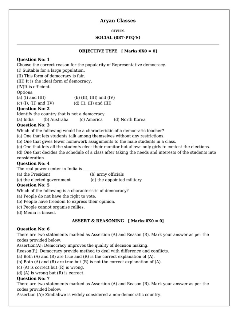 Class 9th Civics Chapter-1 Test Paper | PDF | Democracy | Political ...
