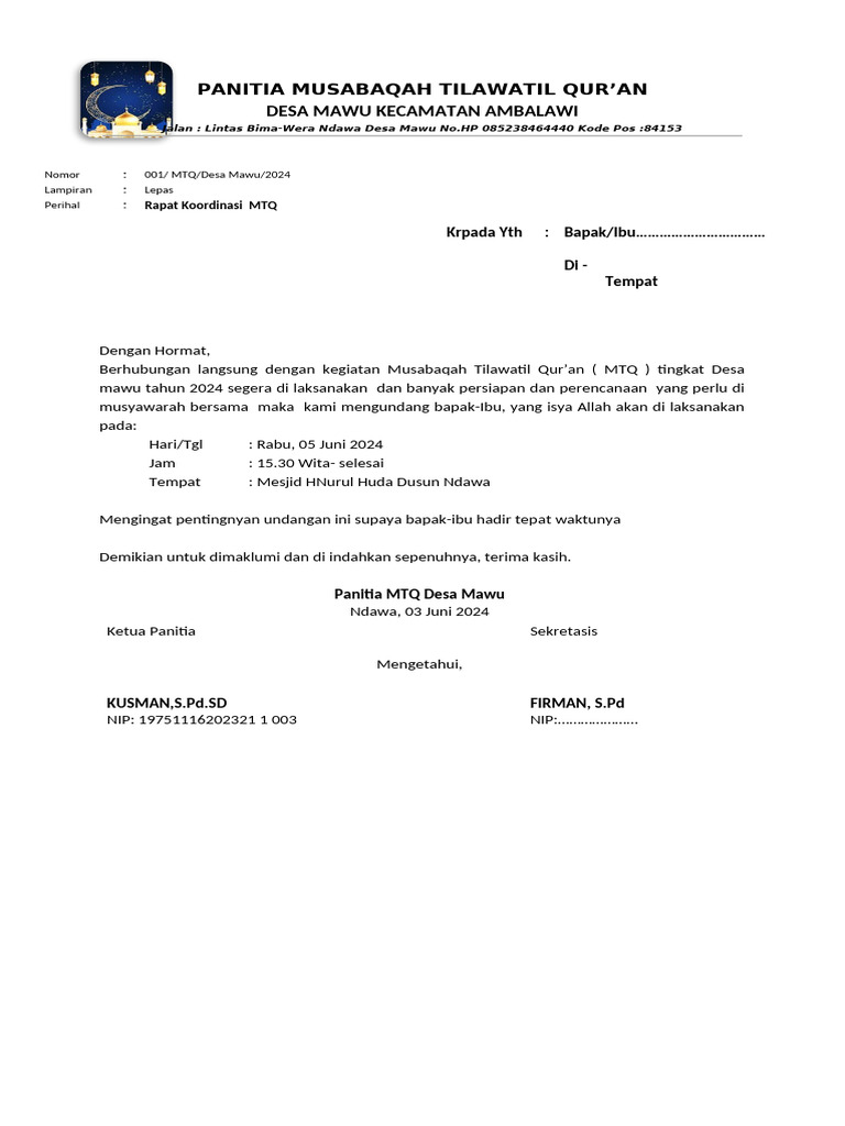 Undangan Rapat MTQ 2024 .CC | PDF