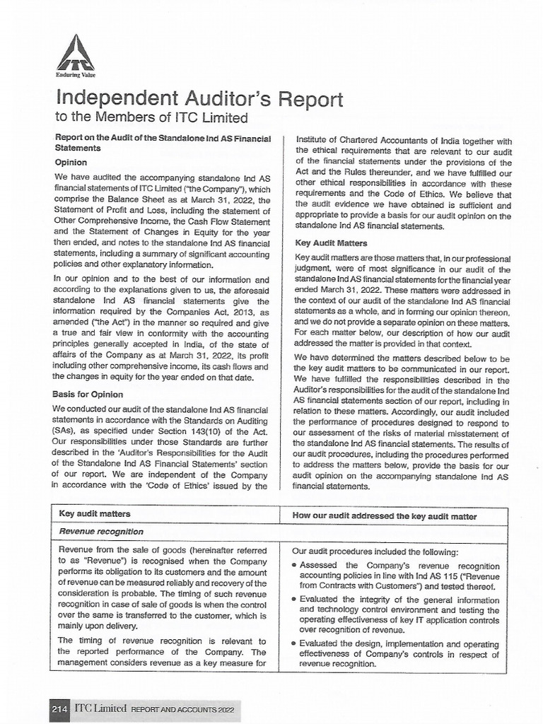 Auditors Report ITC | PDF