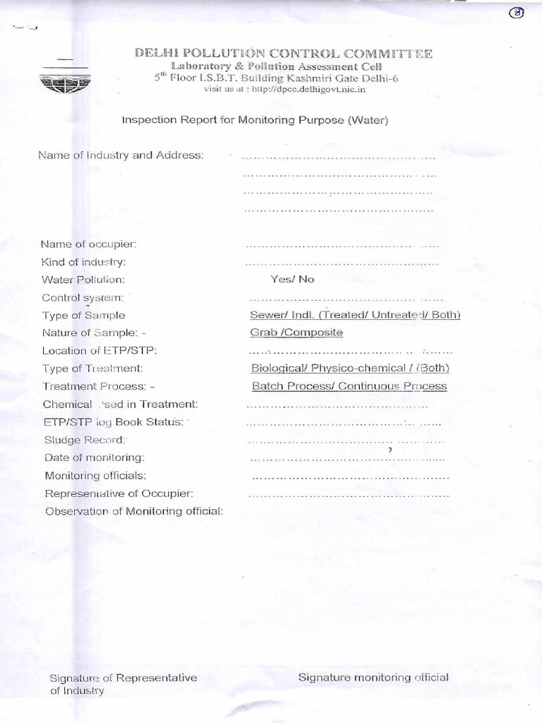 Inspection Performa For Monitoring Purpose (Water) | PDF