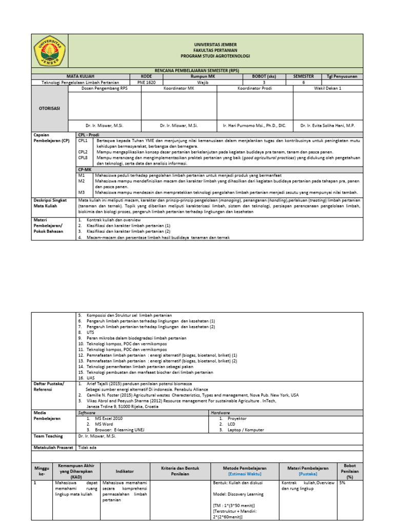 RPS Teknologi Pengelolaan Limbah Pertanian PNE 1620 | PDF