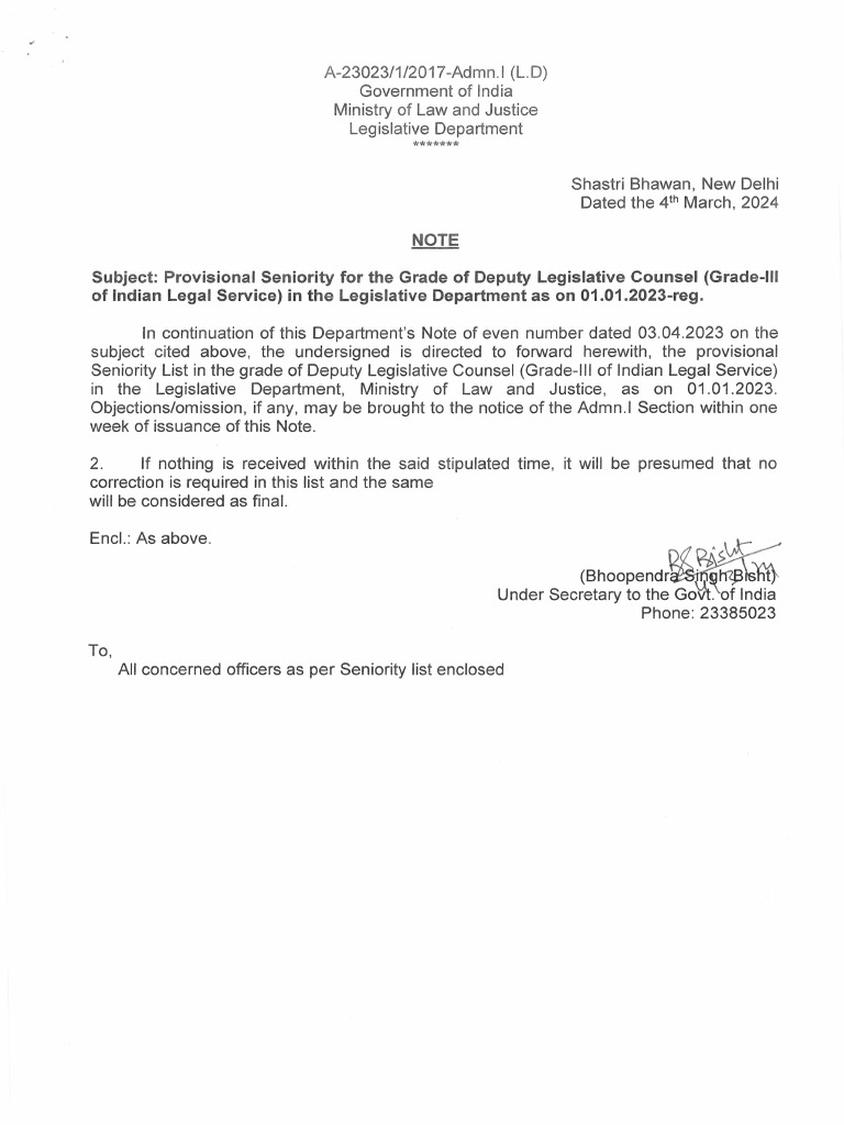 Provisional Seniority List: Deputy Legislative Counsel 2023 | PDF ...