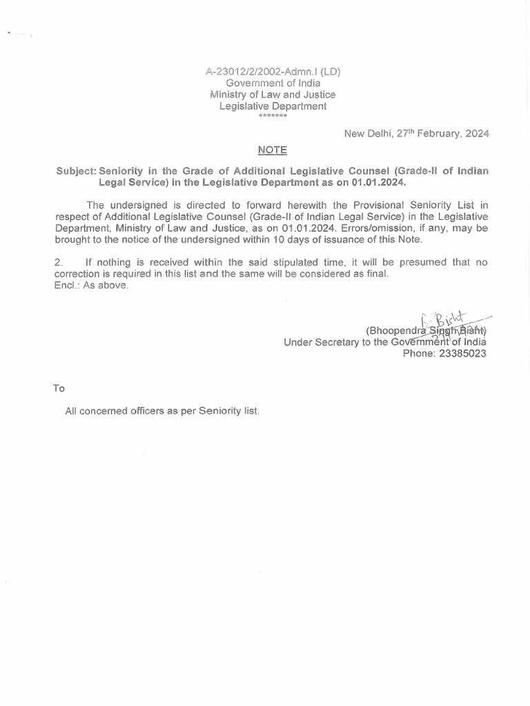 Seniority Lists For The Posts of Additional Legislative Counsel | PDF