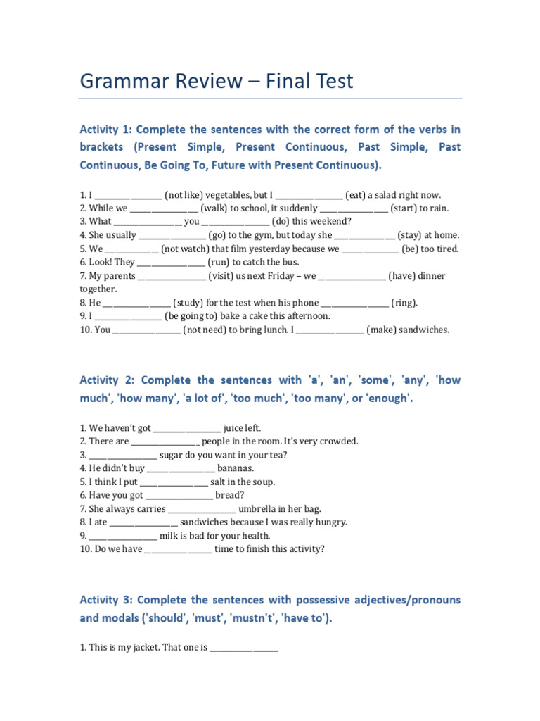 Grammar Review Test Extended | PDF | Linguistic Typology | Language ...