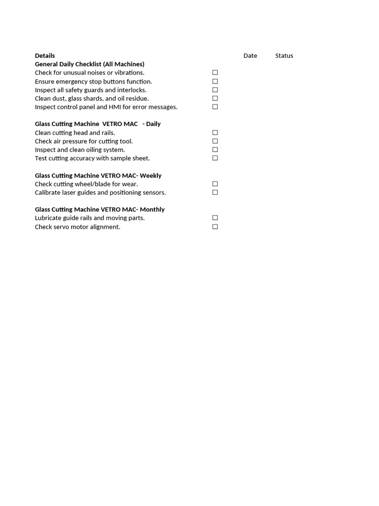 Glass Machinery Maintenance Checklist | PDF | Glasses | Mechanical ...