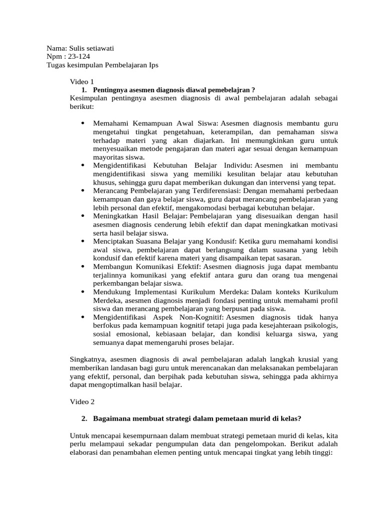 Kesimpulan Asesmen Diagnosis Pembelajaran | PDF