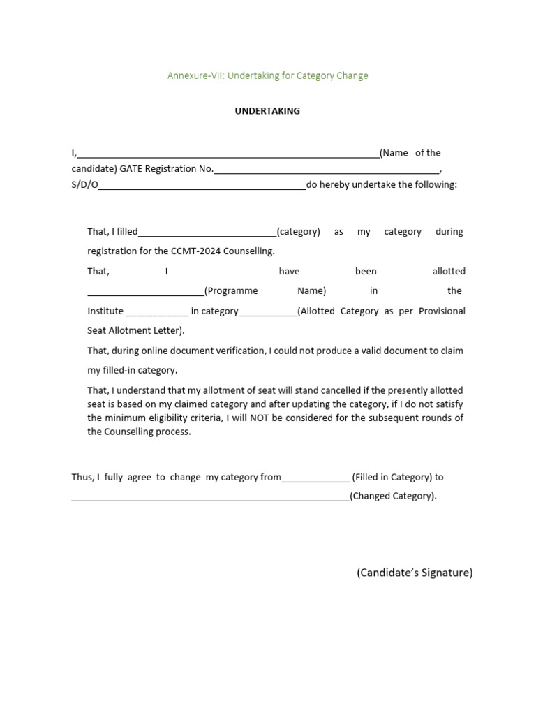 Annexure-VII: Undertaking For Category Change | PDF
