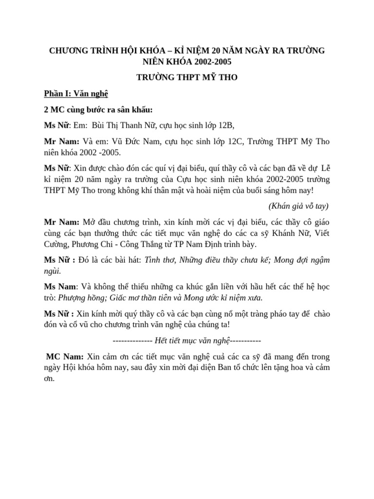 Kich Ban Dan Chuong Trinh Ki Niem 20 Ngay Ra Truong Truong THPT Xuan Truong Nien Khoa 1996 ...