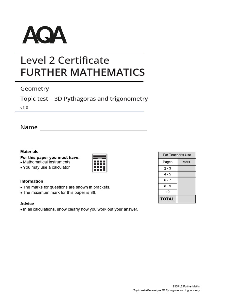 Aqa TT - 3d Trig & Pythag QP | PDF | Mathematics | Elementary Geometry