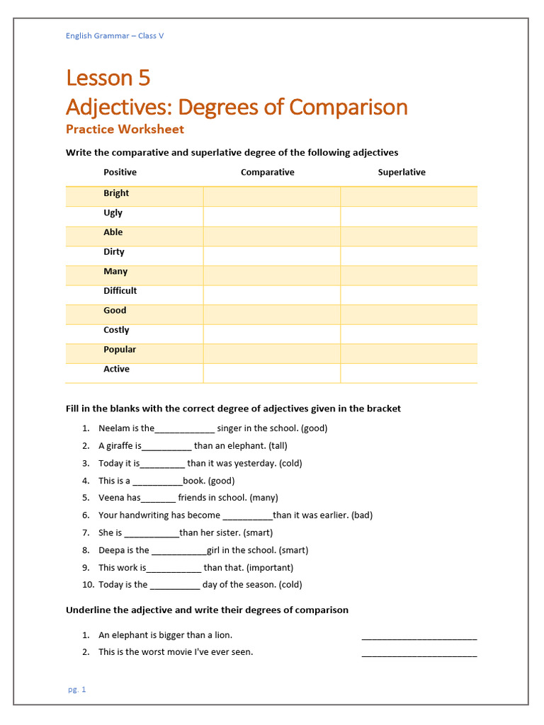 Degree of Comparison Worksheet | PDF