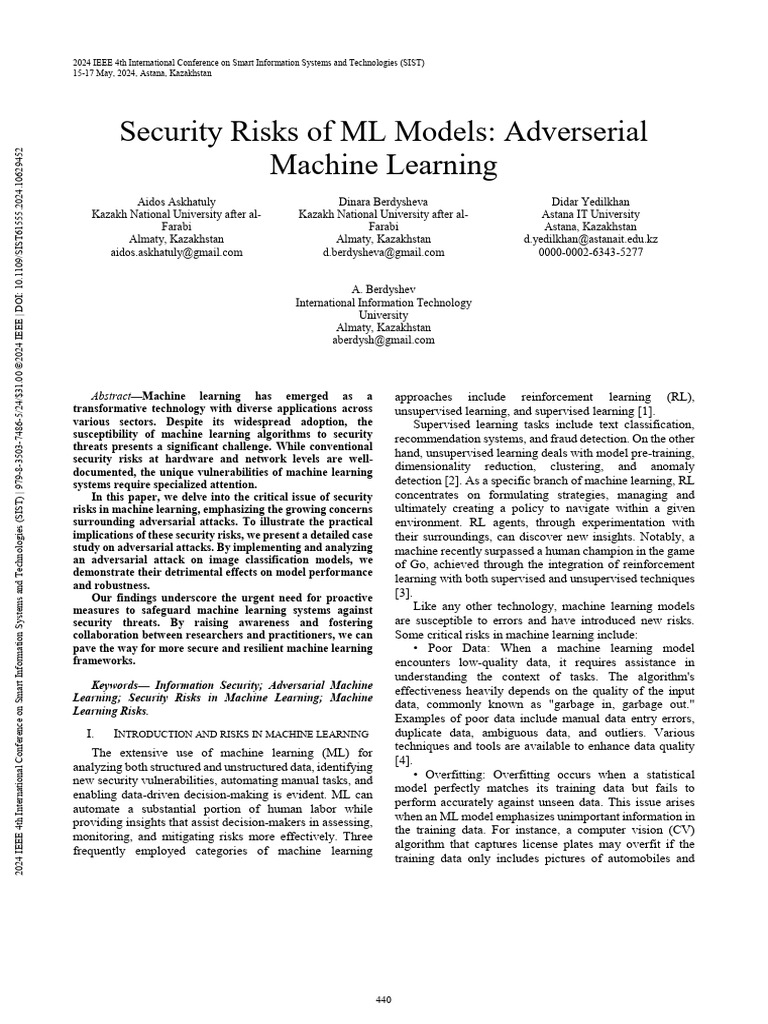 Security Risks of ML Models Adverserial Machine Learning | PDF ...