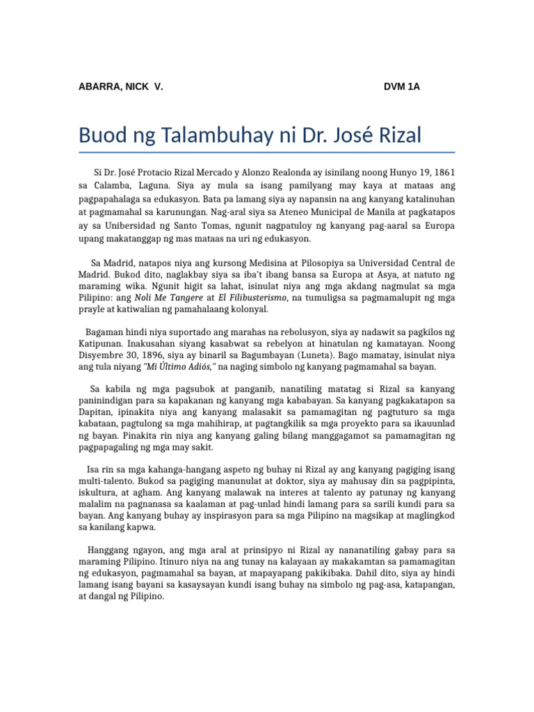 Buod Ni Rizal | PDF