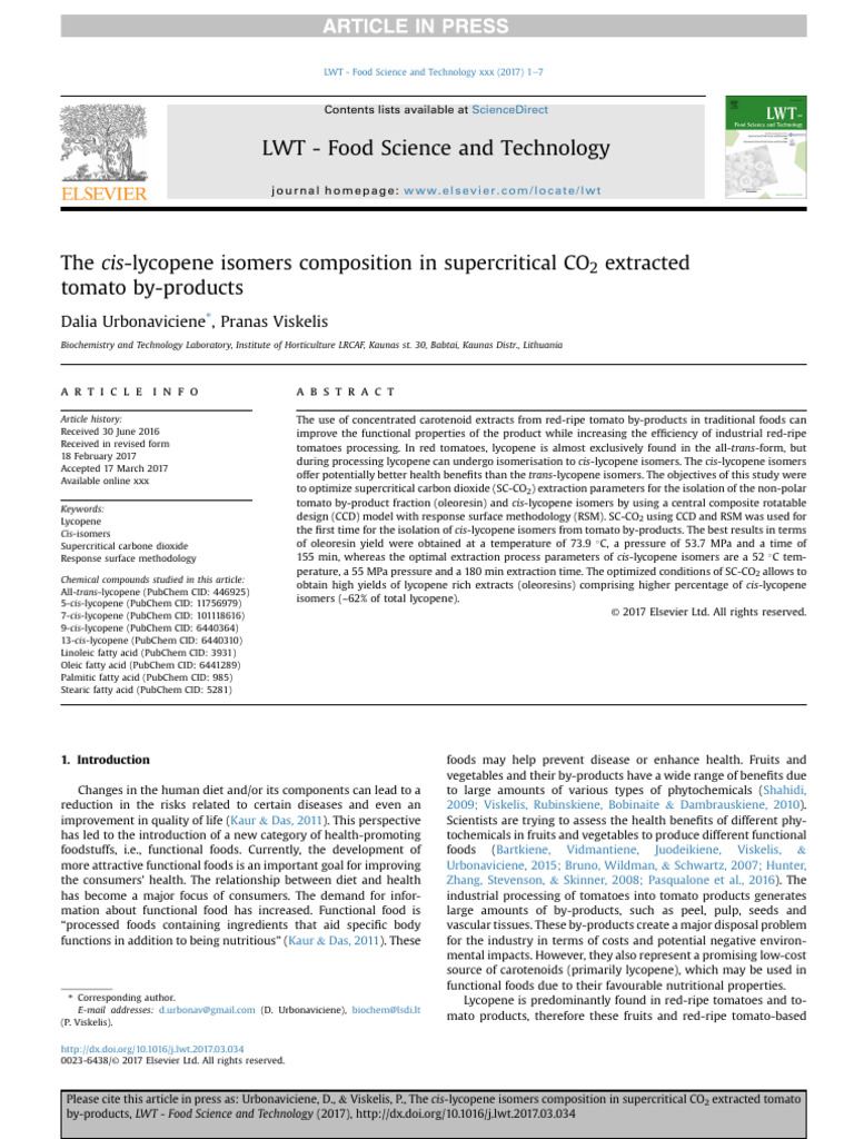 The Cis-Lycopene Isomers Composition in Supercritical CO2 Extracted ...