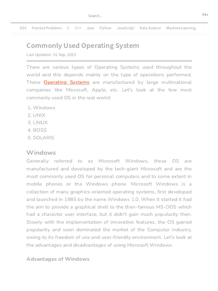Monly Used Operating System - GeeksforGeeks | PDF | Operating System | Microsoft Windows