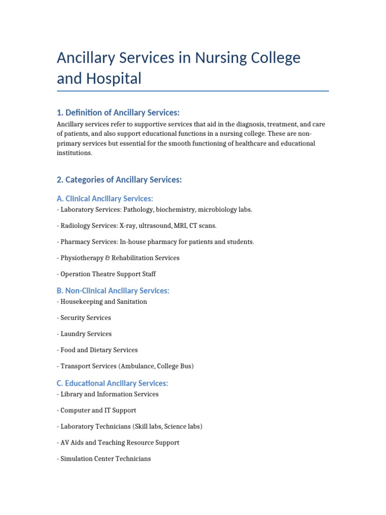 Ancillary Services Nursing College Hospital | PDF