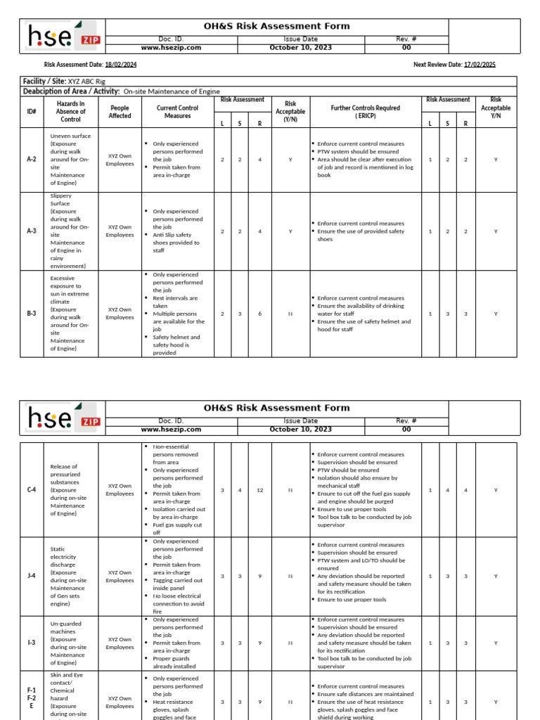 OH&S Risk Assessment for Engine Maintenance | PDF | Risk Assessment | Risk